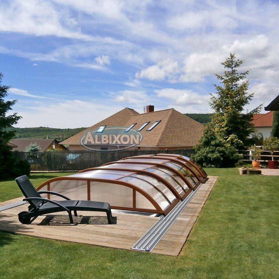 Hohe Schwimmbadüberdachung - Dallas Clear - ALBIXON a.s. - halbhoch / teleskopisch / Polycarbonat