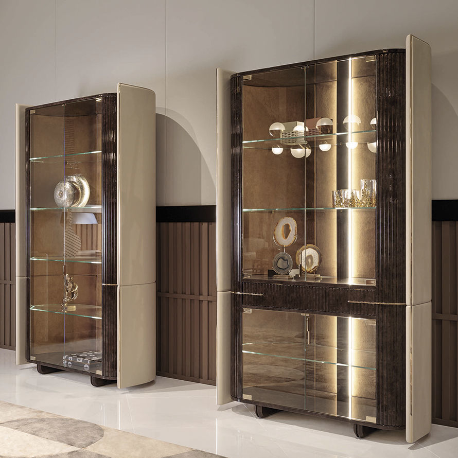 Moderne Vitrine - Eclipse - TURRI - Glas / hochglanzlackiertes Holz / Leder