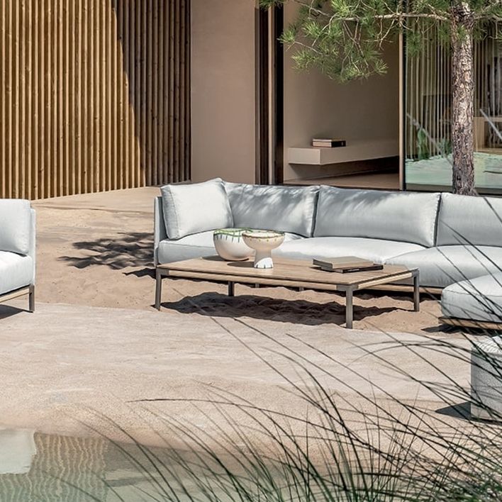 Moderner Couchtisch - Baia - Ethimo - Travertin / Gestell aus Aluminium / rechteckig